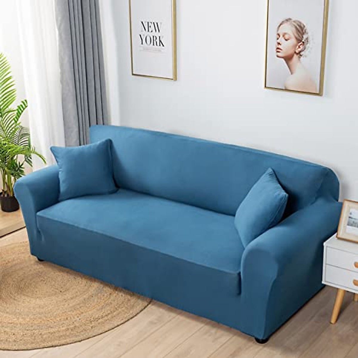 IMYOGI High Stretch Sofa Covers Durable Sofa Slipcovers Soft Stretch Sofa Cover Polyester Fabric Couch Covers Machine Washable Furniture Protector with Elastic Bottom -Blue-4 Seater(235-300cm)