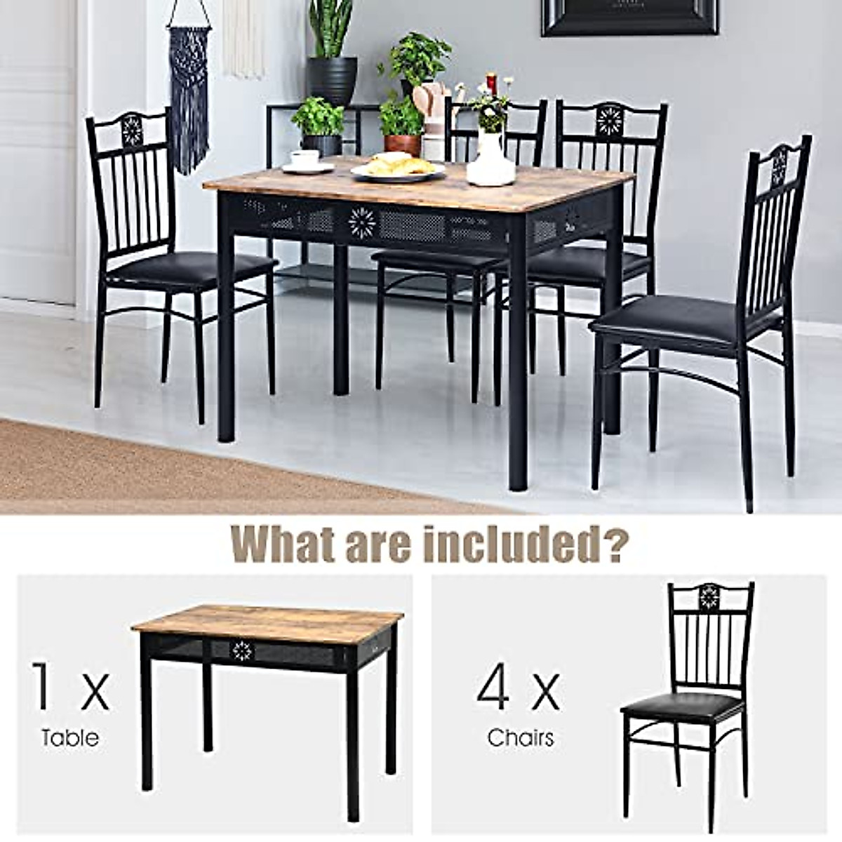Tangkula 5 Pieces Dining Table and Chairs Set, Vintage Retro Wood Top Metal Frame Padded Seat Dining Table Set Home Kitchen Dining Room Furniture
