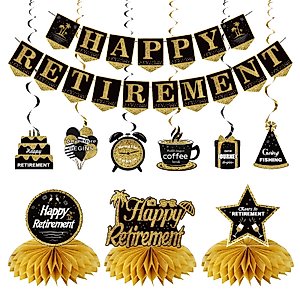 Happy Retirement Party Decorations Kit for Women Men, Black Gold Retirement Banner Honeycomb Centerpieces Swirls Party Supplies, Retirement Banner Ceiling Table Topper Swirls for Indoor Outdoor
