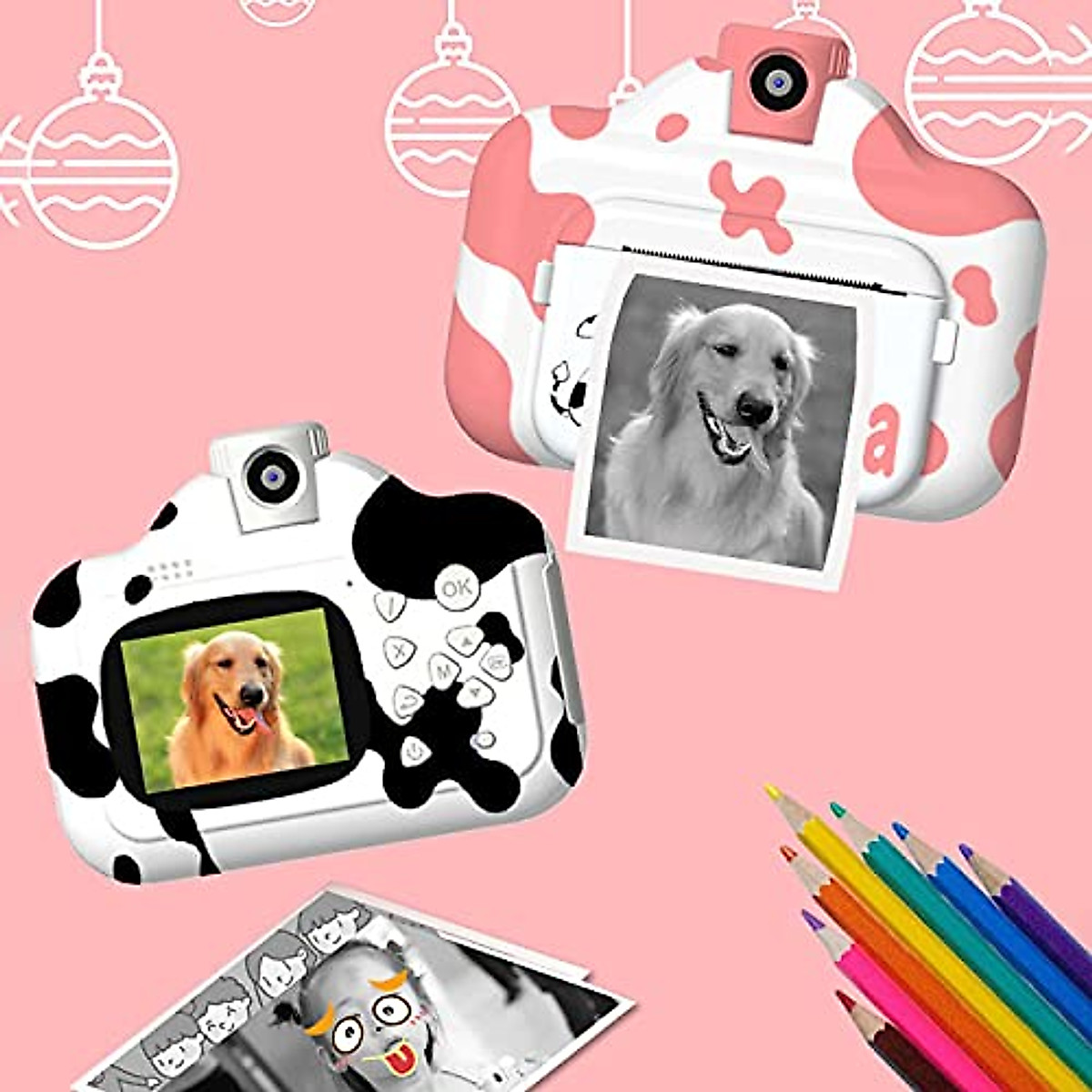 Kids Instant Camera Video Selfie Photo Shooting Digital Camera for Toddlers 32GB SD Card Included Selfie Cartoon Frames Cellphone Photo Printing Portable Lanyard Rechargeable ( Color : Pink )