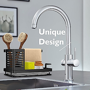 Sink Caddy, Kitchen Sink Organizer, Sponge Holder Stainless Steel Kitchen Caddy for Kitchen Sink with Removable Drain Pan Storage for Soap, Sponge, Scrubber Brush, Bottles, Dishcloth-Black