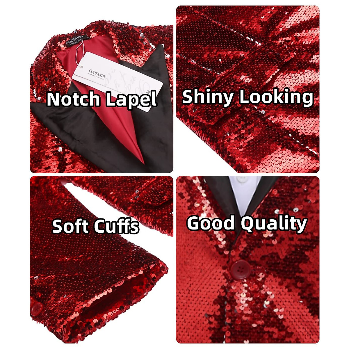 COOFANDY Mens Sequin Suit Jacket Stylish Shawl Lapel Glitter Blazer Jacket with Pockets Red