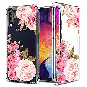 GREATRULY Floral Clear Case for Galaxy A50 for Women Girls,Pretty Phone Case for Samsung Galaxy A50 (2019),Flower Design Transparent Slim Soft Drop Proof TPU Bumper Cushion Silicone Cover Shell,FL-K