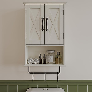 ChooChoo Farmhouse Medicine Cabinet, Bathroom Wall Cabinet with Adjustable Shelf, Towel Bar, 3 Hooks, Over The Toilet Storage Cabinet for Bathroom, Kitchen, White