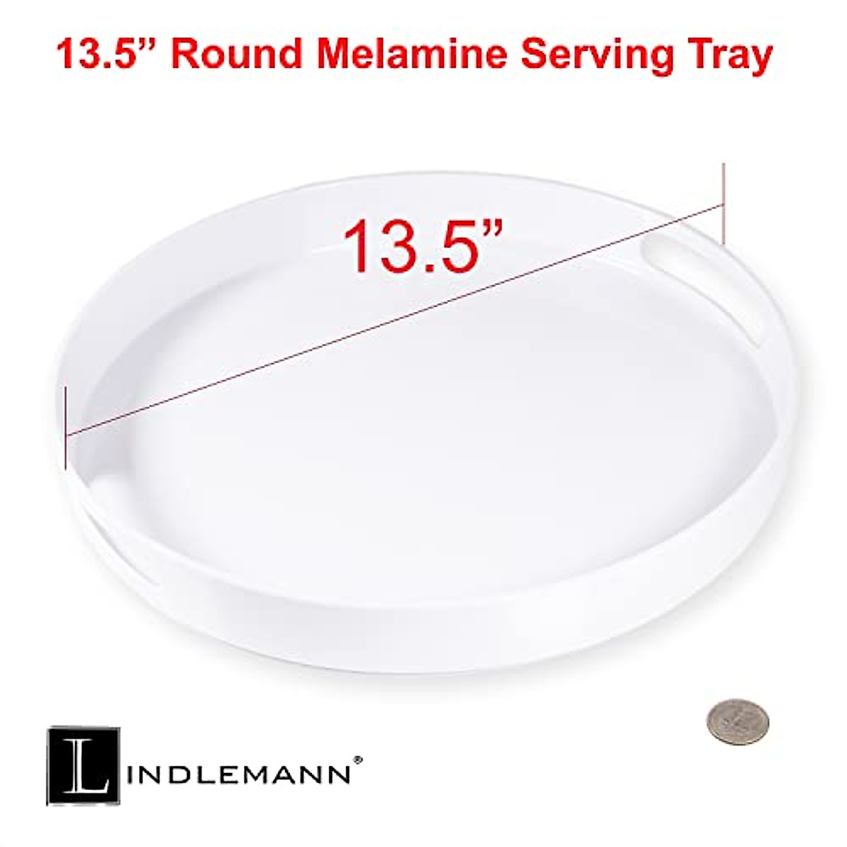 LINDLEMANN Serving Tray - Large Round Melamine White - Strong & Sturdy w/Built-in Handles for Easy Handling - Beautiful Gloss Finish, Elegant & Classy, Easter & Mothers' Day Gift (White,13.5 inches)