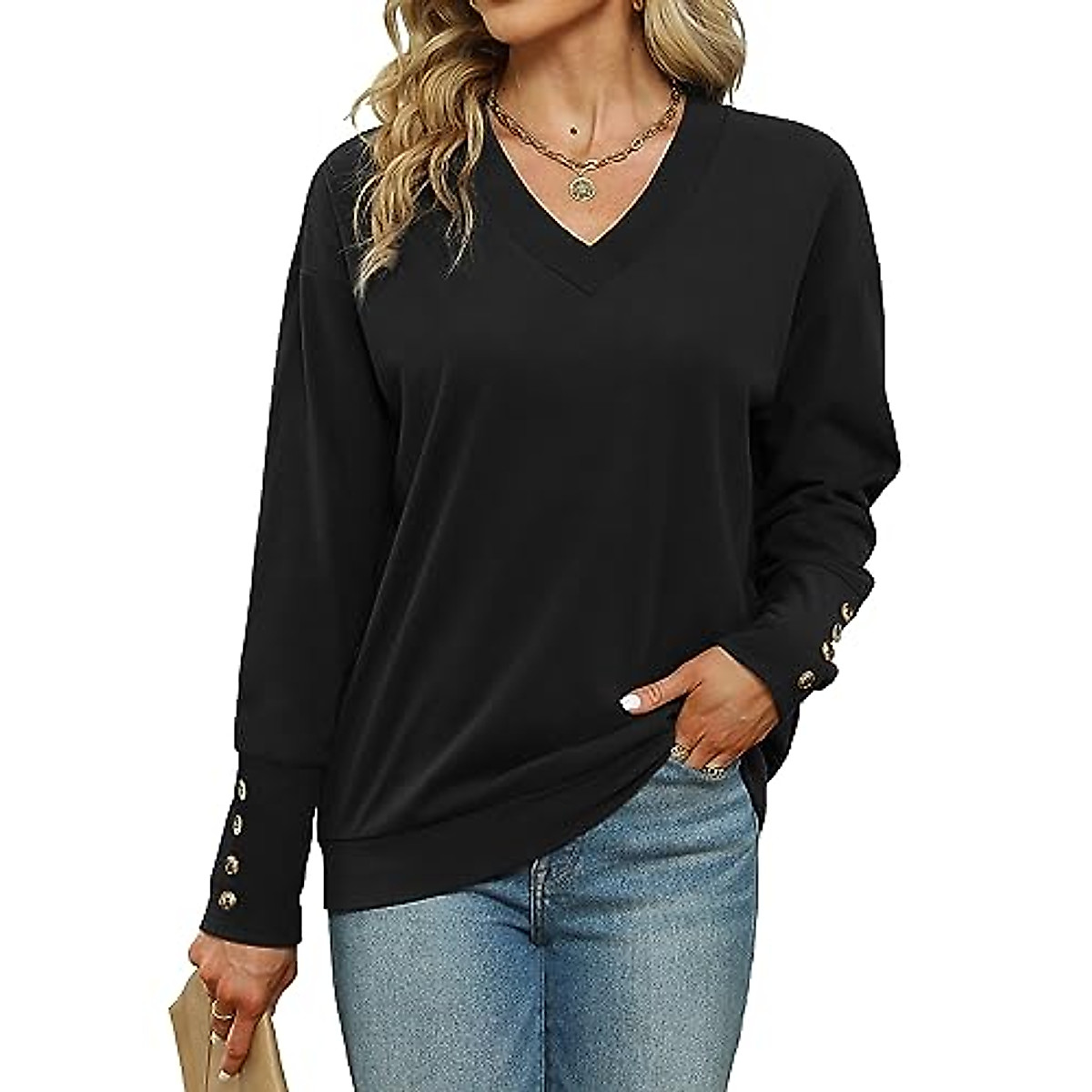 Dimur Womens Sweatshirts V Neck Long Sleeve Shirts Casual Trendy Button Down Pullover Sweaters for Women Black M