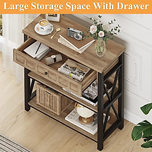 FATORRI Rustic Bookshelf with Drawer, Industrial Wood and Metal Bookcase, Small Book Shelf and Low Book case for Small Space (Rustic Oak)