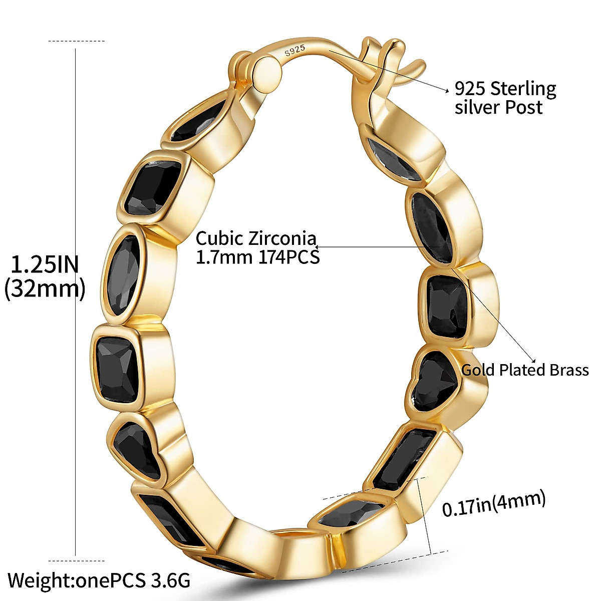 925 Sterling Silver Post Hoop Earrings for Women Black Cubic Zirconia Gold Plated Christmas Birthday Party Jewelry Gifts for Women Gilrs weinuo