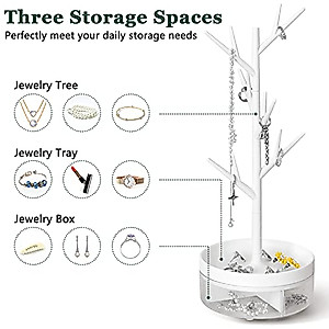 MZYOUHUO Rotating Jewelry Holder Organizer, 3 in1 Jewelry Tree Stand, 14.56 Inch High Necklace Holder Display for Necklaces Earrings Bracelets Watches Rings (White)