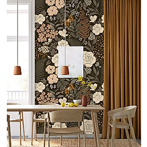 HAOKHOME Peel and Stick Wallpaper Floral Vintage Removable Rose Leaf Black/Brown/Beige Stick on Mural 17.7in x 6.6ft