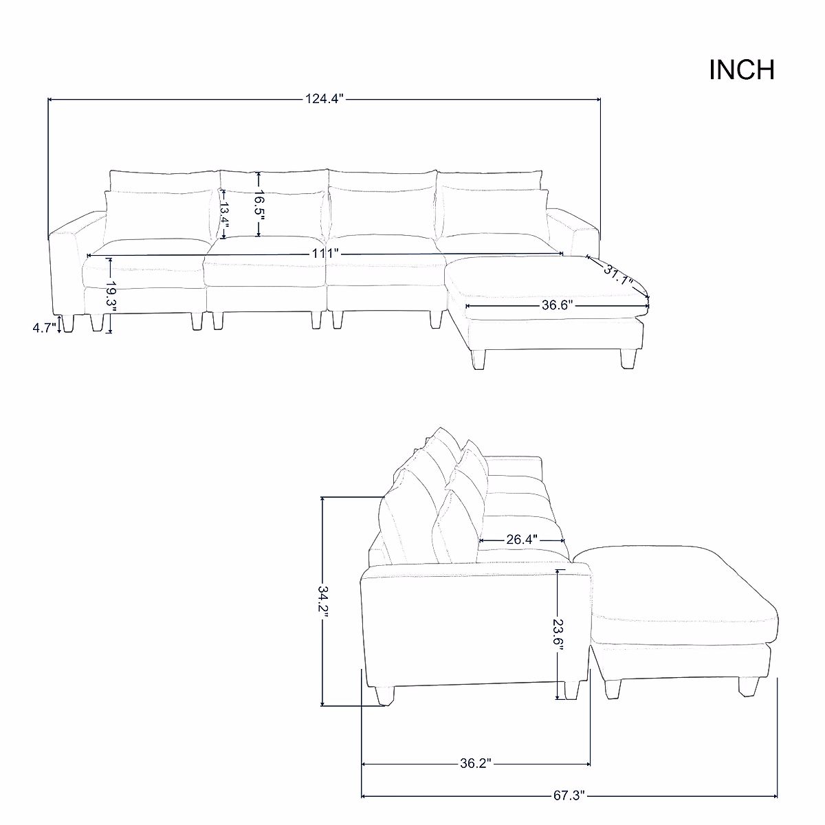 Lepfun Oversized Fabric Set, Extra Large L Shaped Reversible Chaise Sectional Couch, 124.4” Width, 4 Seat Modular Sofa with Storage Ottaman, Light Grey