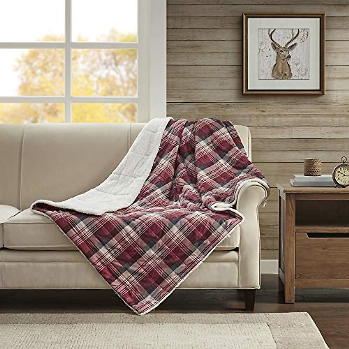 Woolrich Oversized Reversible Throw Blankets Premium Diamond Quilting, Cabin Lifestyle, Soft, Cozy Spun with Sherpa Reverse Cover for Couch, Bed and Office, 50x70, Tasha Red