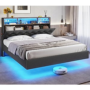 ADORNEVE Queen Floating Bed Frame with Storage Headboard and RGB LED Lights, Linen Upholstered Platform Floating Bed with USB-C/A Charging Station,Innovative Stable Structure,Dark Gray