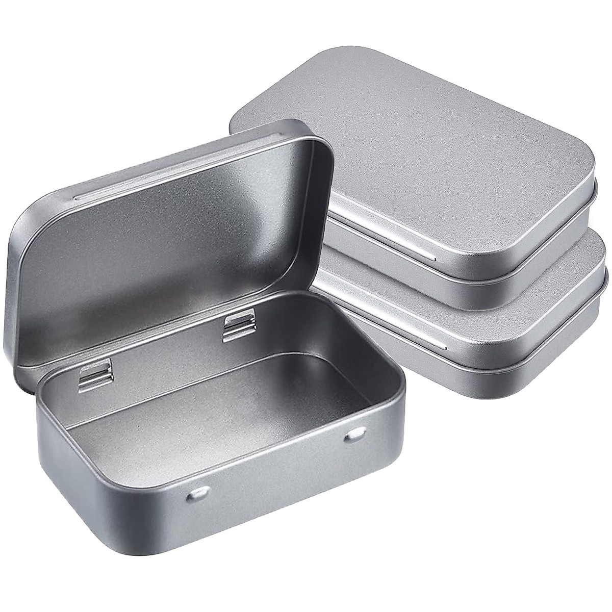 3 Pack 3.75 by 2.45 by 0.8 Inch Silver Metal Rectangular Empty Hinged Tins Box Containers with Lids Mini Portable Box Small Storage Kit, Home Organizer
