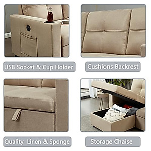 INSTORY Mid-Century Modern Linen Sofa L-Shaped Sectional Sofa Pull Out Sofa Bed Convertible Sleeper Sofabed with Storage Chaise & USB & Cup Holder for Living Room-Brown