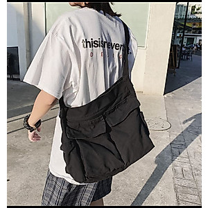 Canvas Messenger Bag Large Crossbody Bag with Multiple Pockets Canvas Shoulder Tote Bag for Women and Men (Black)