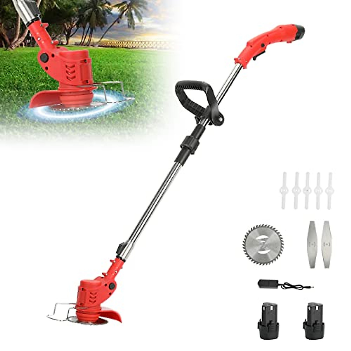 Cordless Weed Wacker, 2000mAh Battery Powered Lawn Edger, 2 in 1 Height Adjustable Electric Mower Push Edger Lawn Tool (Red)