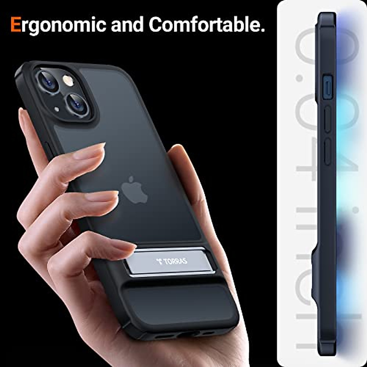 TORRAS MarsClimber Designed for iPhone 13 Case/iPhone 14 Case, [3 Stand Ways] [8FT Military Grade Shockproof] Translucent Matte Thin Slim Phone Case for iPhone 14/ iPhone 13 with Stand, Black