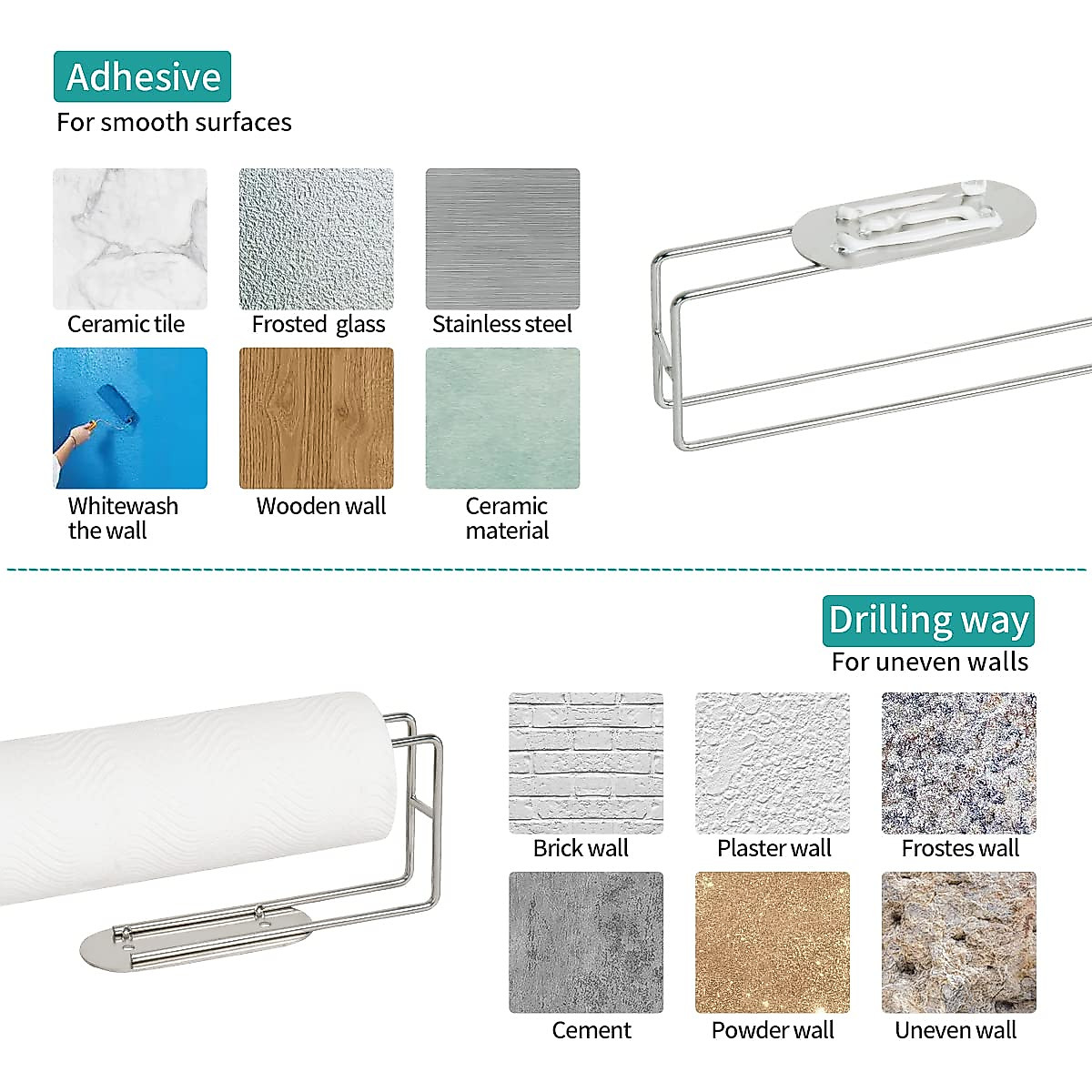 Paper Towel Holder Under Cabinet, H-SPACE Wall Mount Paper Towel for Kitchen, Self-Adhesive and Drilling Paper Towel Bar, Paper Towel Rack, SUS201 Stainless Steel 11 inch (Silver, 2PC)