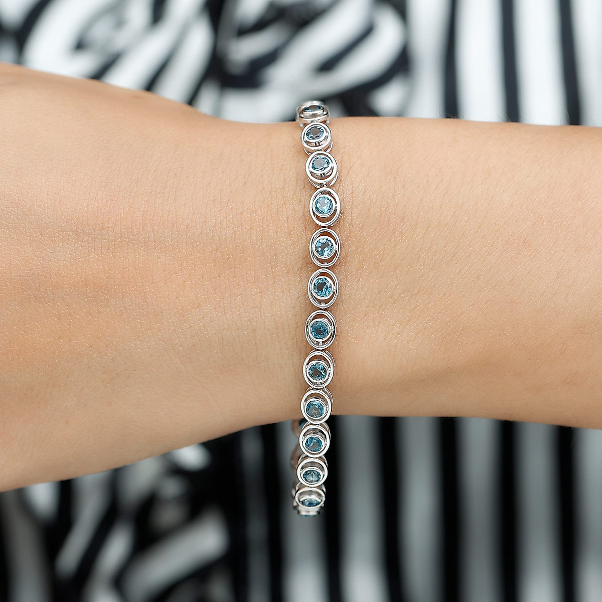 Certified London Blue Topaz Tennis Bracelet For Women, AAA Quality, December Birthstone Bracelet, 14K White Gold, 6.5 inches