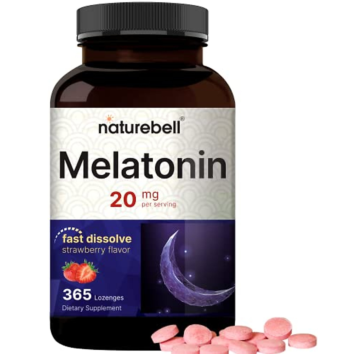 NatureBell Melatonin 20mg, 365 Fast Dissolve Tablets - Natural Strawberry Flavor - Vegetarian Chewable Lozenges for 1 Year Supply, High Potency | Non-GMO, No Gluten
