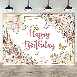 Wollmix Butterfly Happy Birthday Banner Backdrop Decorations 7x5ft Party Sweet 16 Girls Women Pink Florals Flowers Gold Dots Photography Background Supplies Photo Booth Studio Cake Table