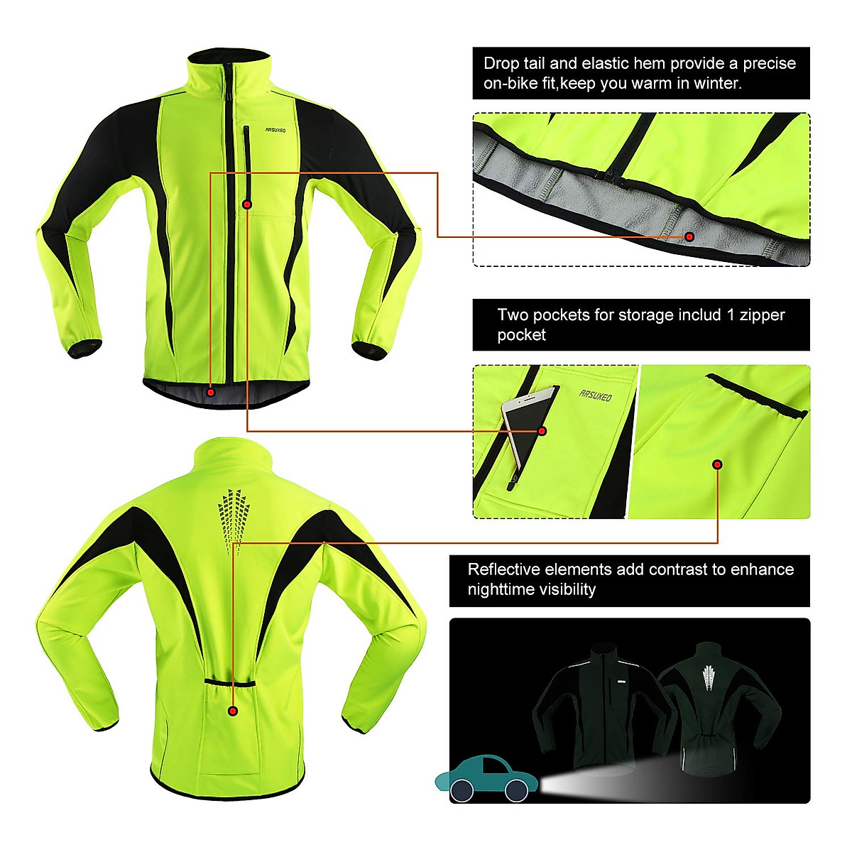 ARSUXEO Winter Warm UP Thermal Softshell Cycling Jacket Windproof Waterproof Bicycle Mountain Bike Clothes 15-K Green Size Medium