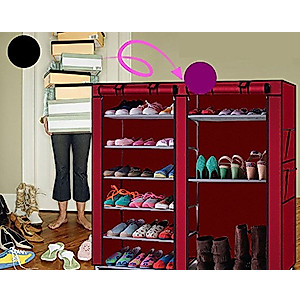 6 Tier Shoe Rack with Dustproof Cover, 27 Pairs Portable Vertical Double Row Shoe Rack Storage Organizer with Nonwoven Fabric Cover Cabinet for Closet & Entryway, Wine Red