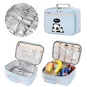 e-youth Women Girls Cute Panda School Backpack with Lunch Box Japanese & Korean Style Canvas Bags (Blue)