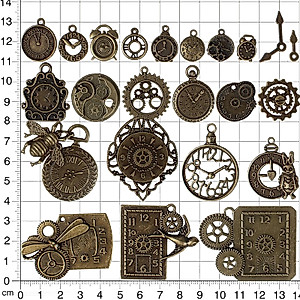 BIHRTC 40pcs Antique Bronze Mix Skeleton Steampunk Clock Face Watch Gear Cog Wheel Pendant Charms Jewelry Making DIY Steampunk Gear Pendant Charms