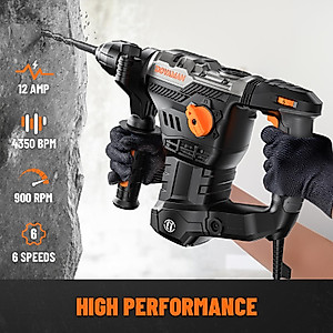 DOVAMAN RH15A 1-9/16'' SDS-Plus Rotary Hammer Drill, 4 in 1 Functions, Multi-material Use, Safety Clutch, 6 Speeds, SDS-Plus Adaptor, 4350BPM/900RPM, Vibration Control, Demolition Hammer for Concrete