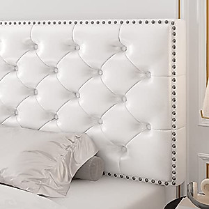 Queen Bed Frame with Storage and Adjustable Headboard, Bed Frame with 4 Drawers and Wooden Slats Support, No Box Spring Needed (PU White, Queen (U.S. Standard))