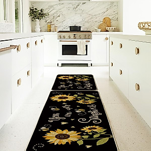 Artoid Mode Bee Sunflower Spring Kitchen Mats Set of 2, Summer You are My Sunshine Home Decor Low-Profile Kitchen Rugs for Floor - 17x29 and 17x47 Inch