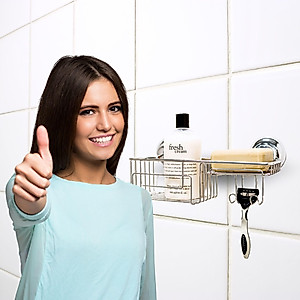 Gecko-Loc Large Combo suction cup wall mount bathroom shower caddy - shampoo storage basket shelf organizer caddie bath shelves - Silver