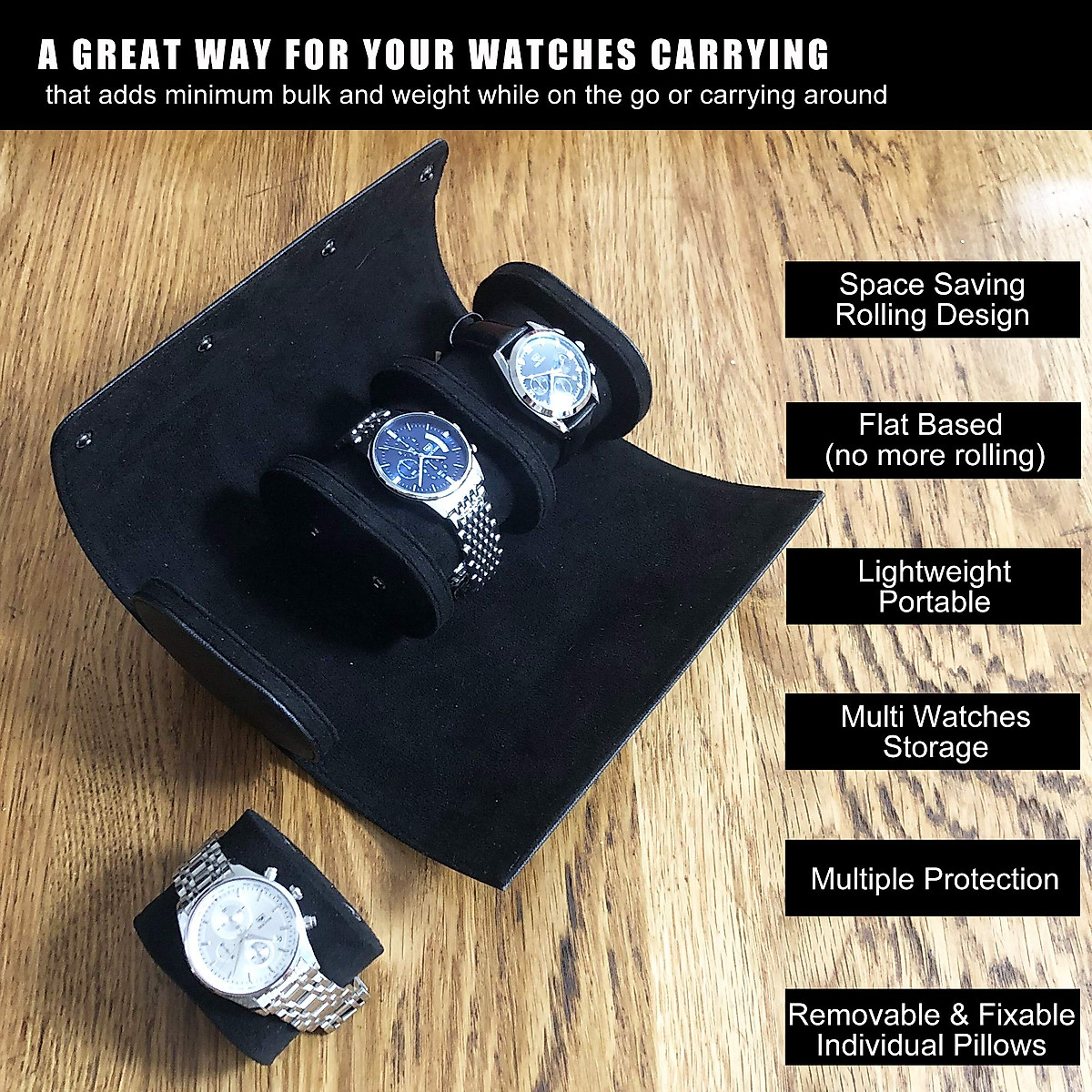 Longjet Watch Roll Travel Case for Men Portable Watches Organizer Box with Removable Velvet Pillow Holder (Black Cross)