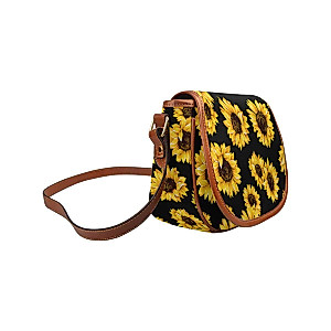 InterestPrint Sun-flower Pattern on Black Women Crossbody Bag Saddle Shoulder Bag Small Purse Satchel