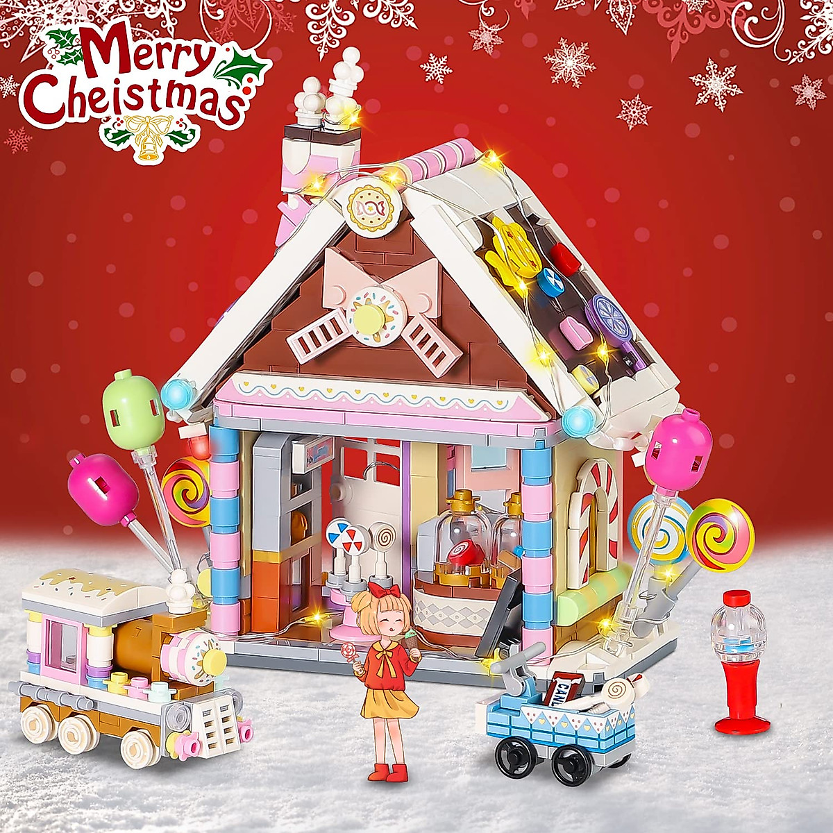 PinkBee Christmas Gingerbread House 2022 Mini Candy Store Building Block Set with Ice Cream Truck Creative Xmas Ornament Toys Kits Micro Bricks for Adults Kids 8-12 6-12 7-9（781Pcs）