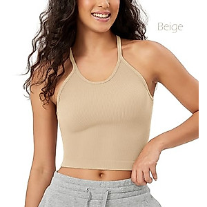 ODODOS Women's Crop Camisole 3-Pack Seamless Rib-Knit Crop Tank Tops, Long Crop, Beige Coral Teal, X-Small/Small