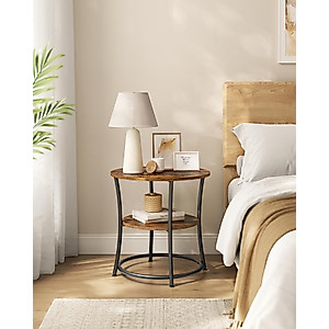VASAGLE Side Table, Round End Table with 2 Shelves for Living Room, Bedroom, Nightstand with Steel Frame for Small Spaces, Outdoor Accent Coffee Table, Rustic Brown and Ink Black