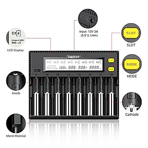 MiBOXER 18650 Battery Charger, 8-Bay Smart Charger with Automatic LCD Display, Fast Charge Rechargeable Li-ion LiFePO4 Ni-MH Ni-Cd AA AAA C 21700 26650 13650 16340 18350 18700 RCR123