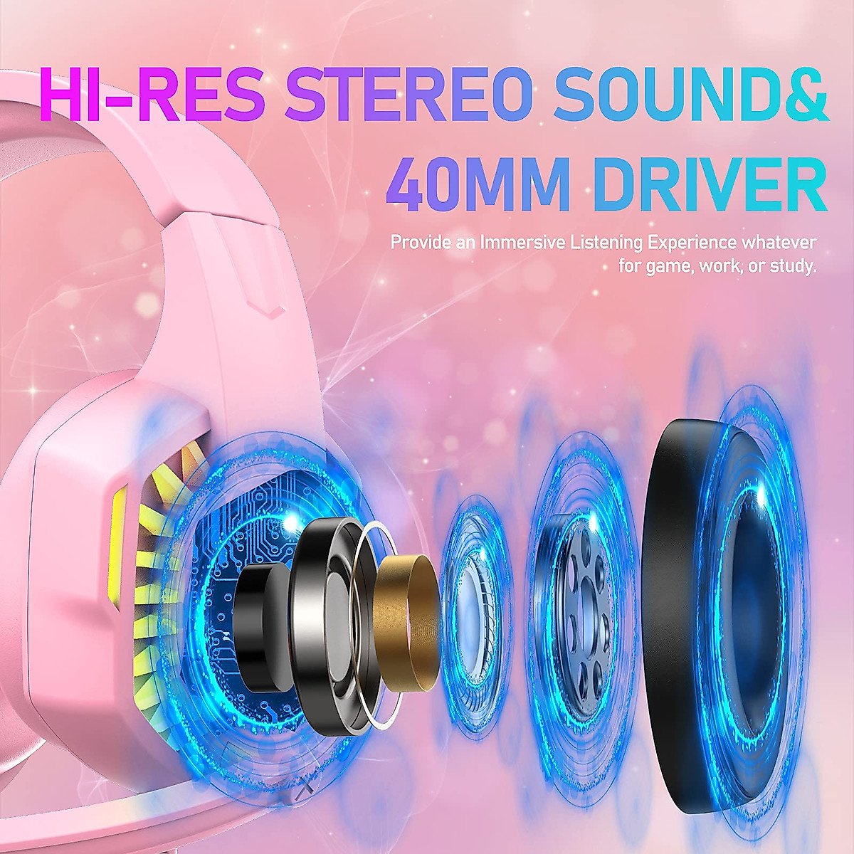 Wired Gaming Headset with Rainbow RGB Backlight Retractable Noise Isolating Microphone Stereo Sound Deep Bass Memory Foam Earmuff Over Ear Headphone for PS4 Xbox One Switch PC Mac Gamer Music (Pink)