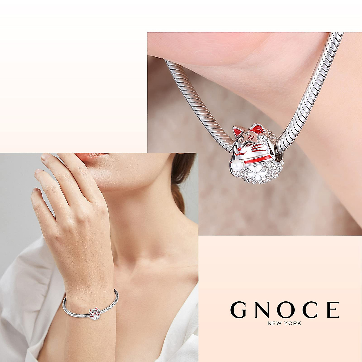 GNOCE Lucky Cat Charms for Women Sterling Silver “Wish You Luck” Cute Cat Bead Charm with Cubic Zirconia Fit Bracelet Necklace Gifts for Daughter & Friends Pet Lovers (Lucky Cat)