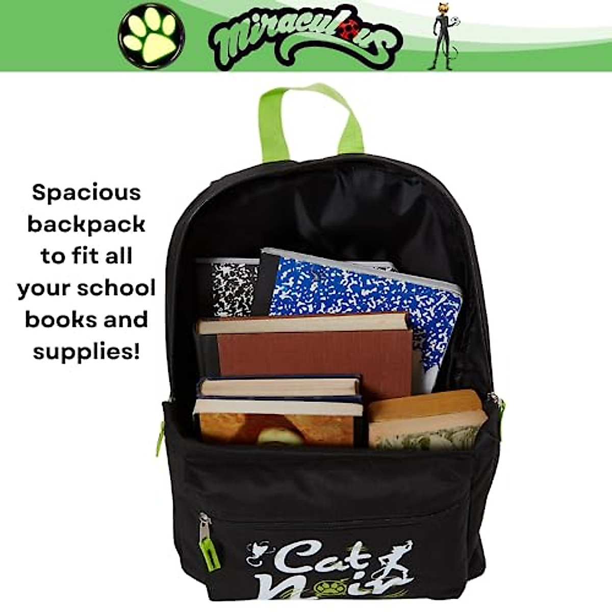 Miraculous Ladybug Cat Noir Backpack for Girls and Boys, 16 inch, Black