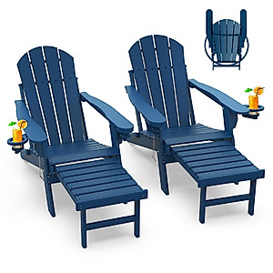 GREENVINES Adirondack-Chairs-with-Ottoman | Set of 2 | Folding | Retractable-Footrest | HDPE Plastic | All Weather Fire Pit Chair | Cup Holders | Blue | for Outdoor Poolside