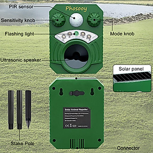Phosooy 2 Packs Solar Ultrasonic Animal Repeller, Waterproof Mode-Adjustable Animal Deterrent Device with Flashing Strobe Lights to Repel Cats, Dogs, Squirrel, Rats, Skunks, Raccoons and Deer