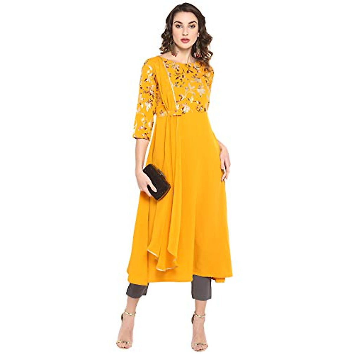 Janasya Women's Mustard Foil Printed Poly Crepe Kurta