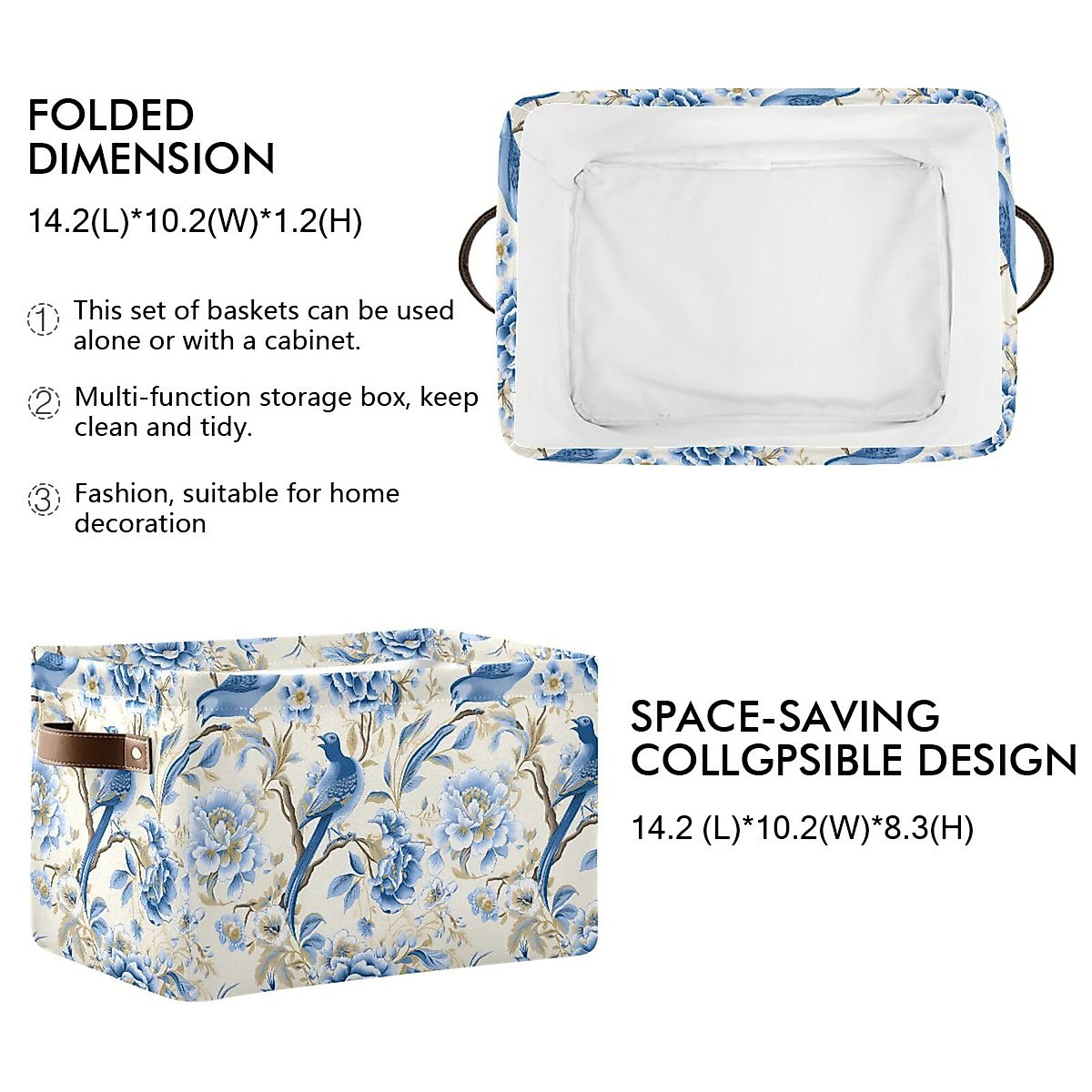 ALAZA Peacock Blue Flower Floral Foldable Storage Box Storage Basket Organizer Bins with Handles for Shelf Closet Living Room Bedroom Home Office 1 Pack