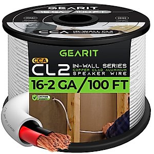GearIT 16/2 Speaker Wire (100 Feet) 16 Gauge (Copper Clad Aluminum) - Fire Safety in Wall Rated Audio Speaker Wire Cable / CL2 Rated / 2 Conductors - CCA, 100ft