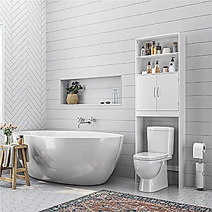 LEDYZ 8" Width Wooden Over Toilet Storage Cabinet with Door for Bathroom, White