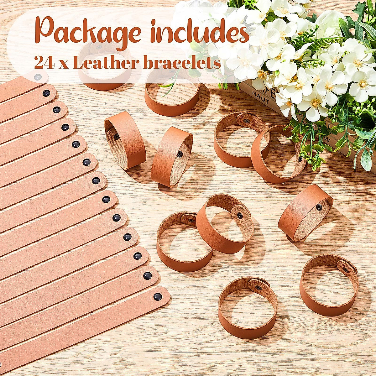 24 Pcs Plain PU Leather Bracelets Blank Snap Bracelets Wrist Cuffs DIY Craft Wristbands for Men Women Jewelry Making, 8.66 x 0.98 Inch, Leather Style